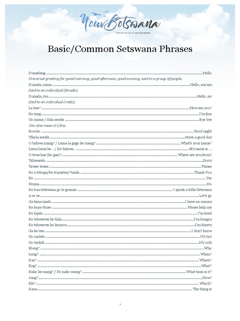 Basic Setswana Phrases Guide | PDF