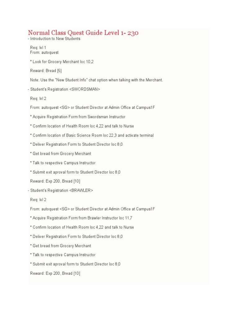 RAN Online Normal Class Quest Guide Level 1-230 | PDF