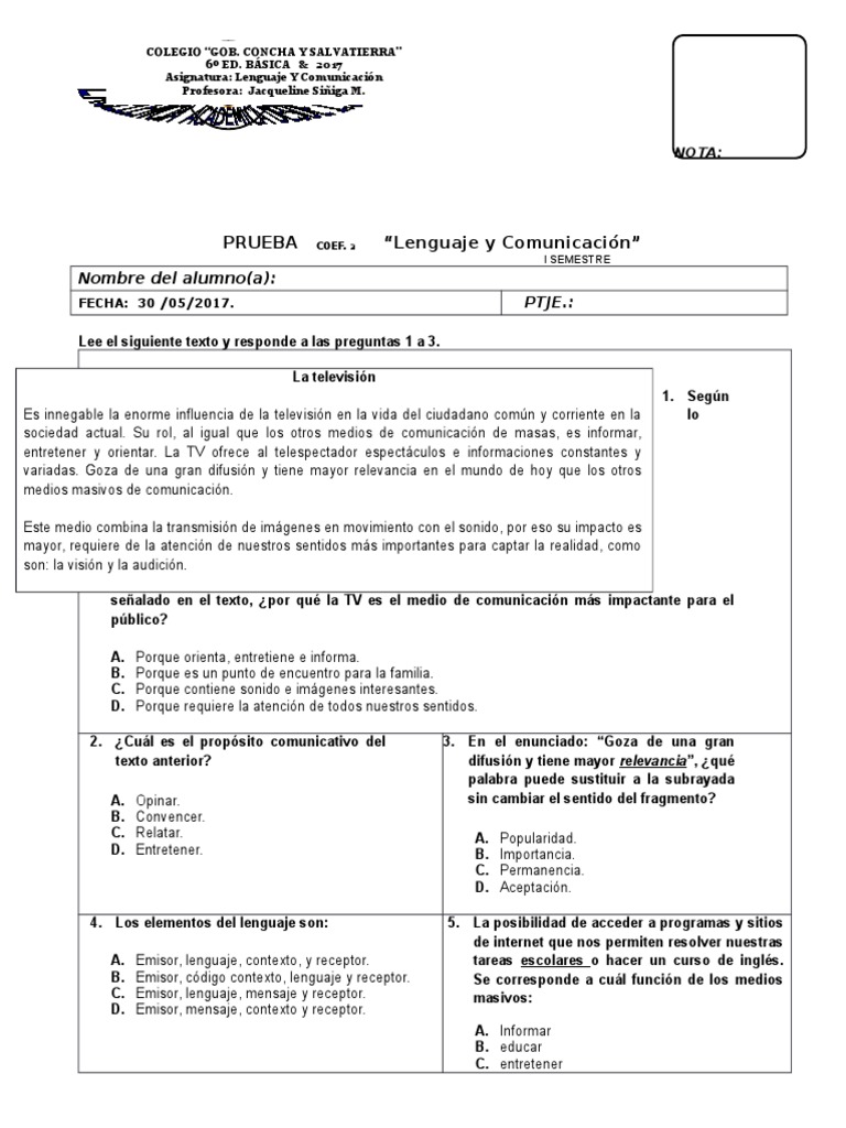 Lenguaje Prueba 6° Medios de Comunicación | PDF | Medios de ...