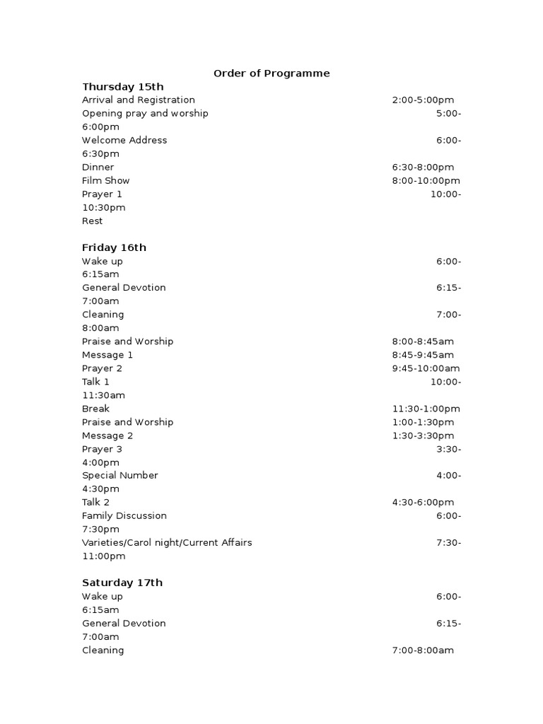Order of Programme Thursday 15th | PDF | Prayer | Religious Belief And ...