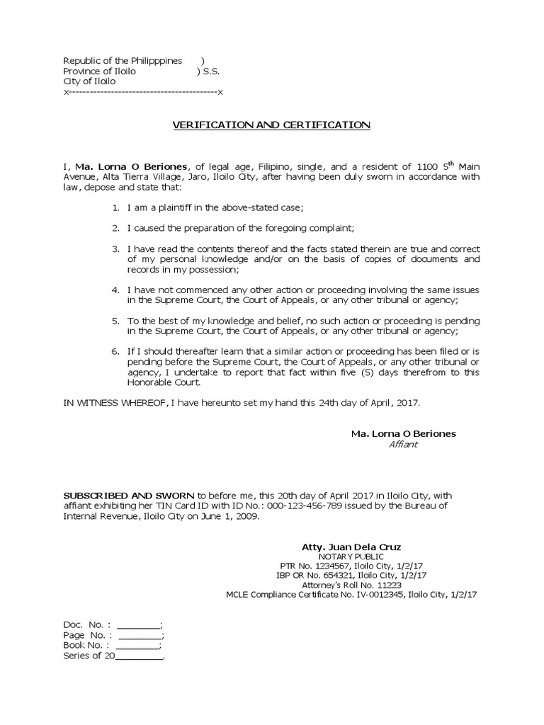 Verification and Certification Affidavit in a Civil Case | PDF | Virtue ...