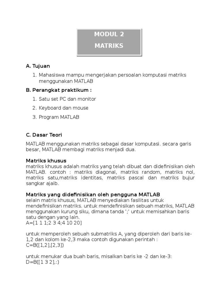 MATRIKS DASAR DALAM MATLAB | PDF
