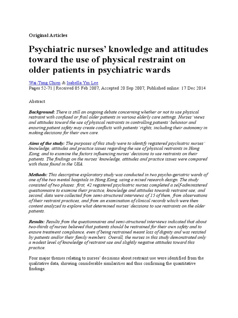 Psychiatric Nurses' Knowledge and Attitudes Toward The Use of Physical Restraint On Older ...