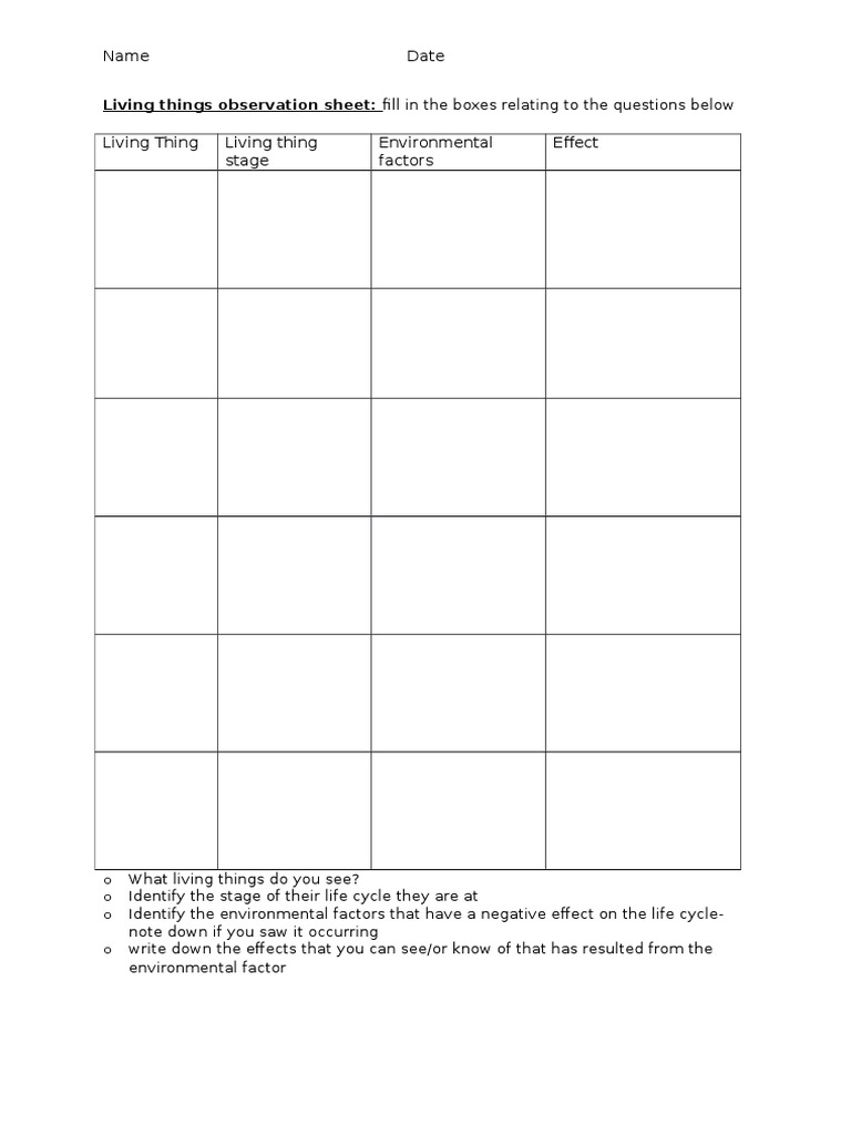 Living Things Observation Sheet | PDF