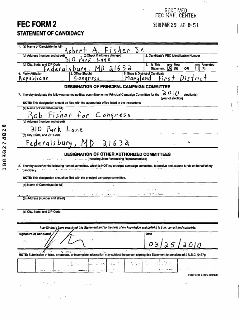 Fisher FEC Candidate Statement | PDF | United States Postal Service | Mail