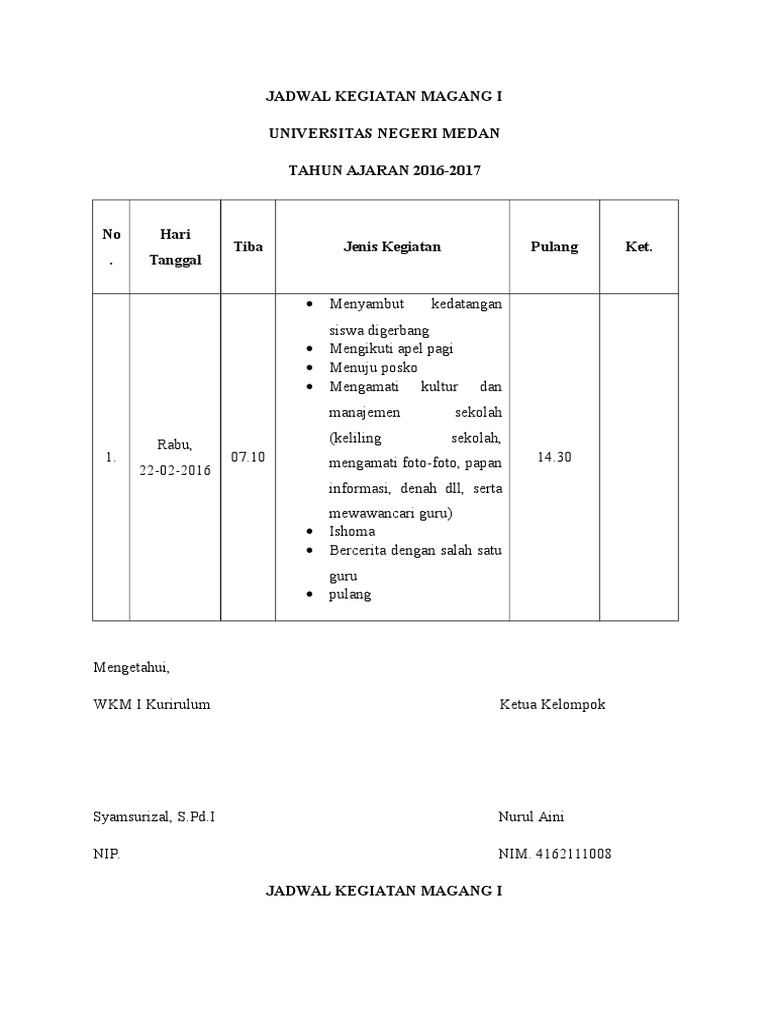 Jadwal Kegiatan Magang I | PDF