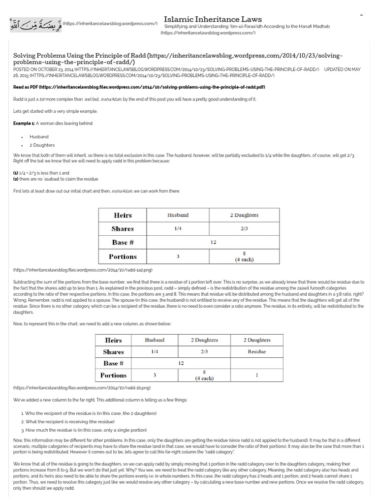 Solving Problems Using The Principle of Radd Islamic Inheritance Laws ...