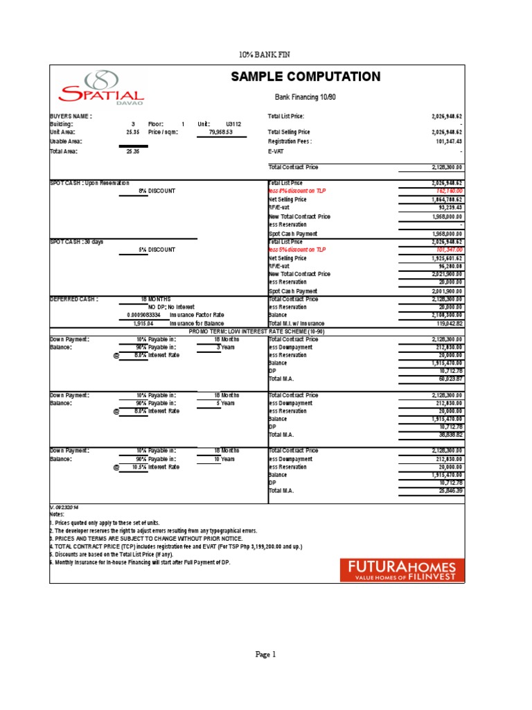 10% Bank Financing Sample Computation: Calculating Down Payment ...