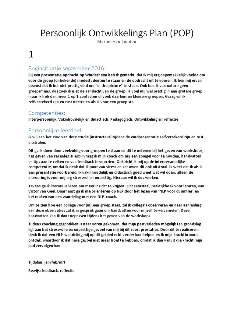 Persoonlijk Ontwikkelings Plan (POP) 1: Beginsituatie September 2016 | PDF