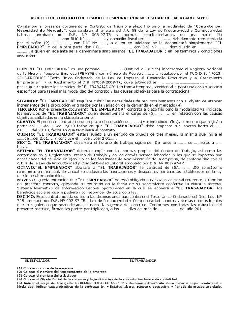 Modelo de Contrato de Trabajo Microempresa | PDF | Derecho laboral ...