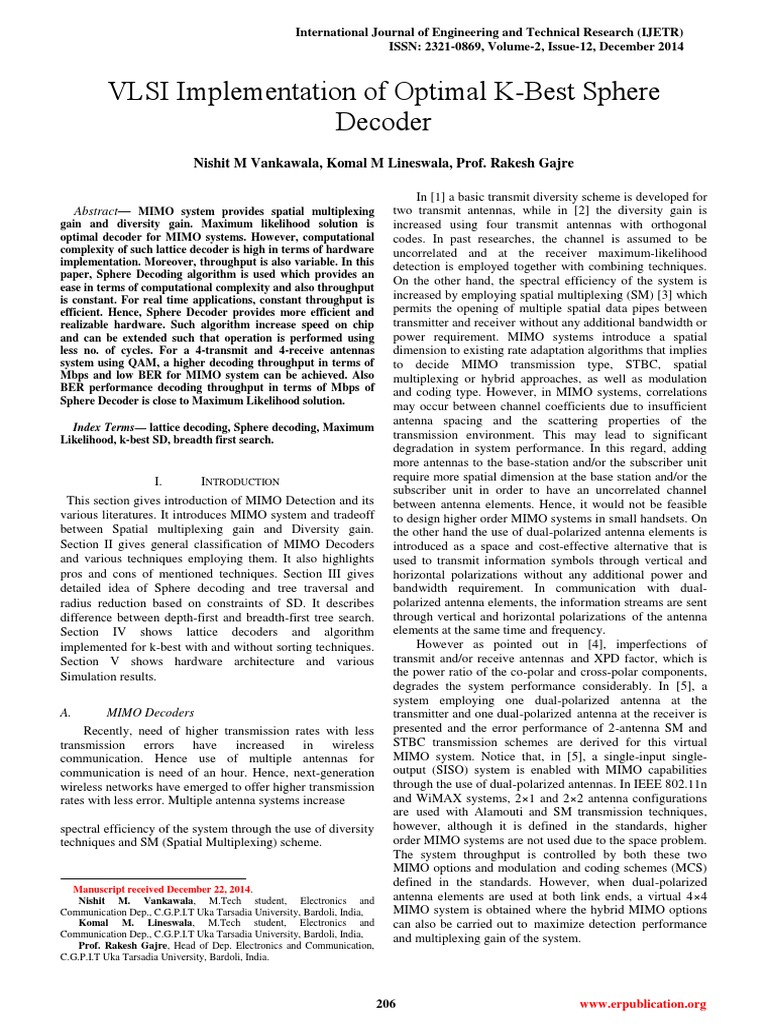 VLSI Implementation of Optimal K-Best Sphere Decoder: Nishit M ...