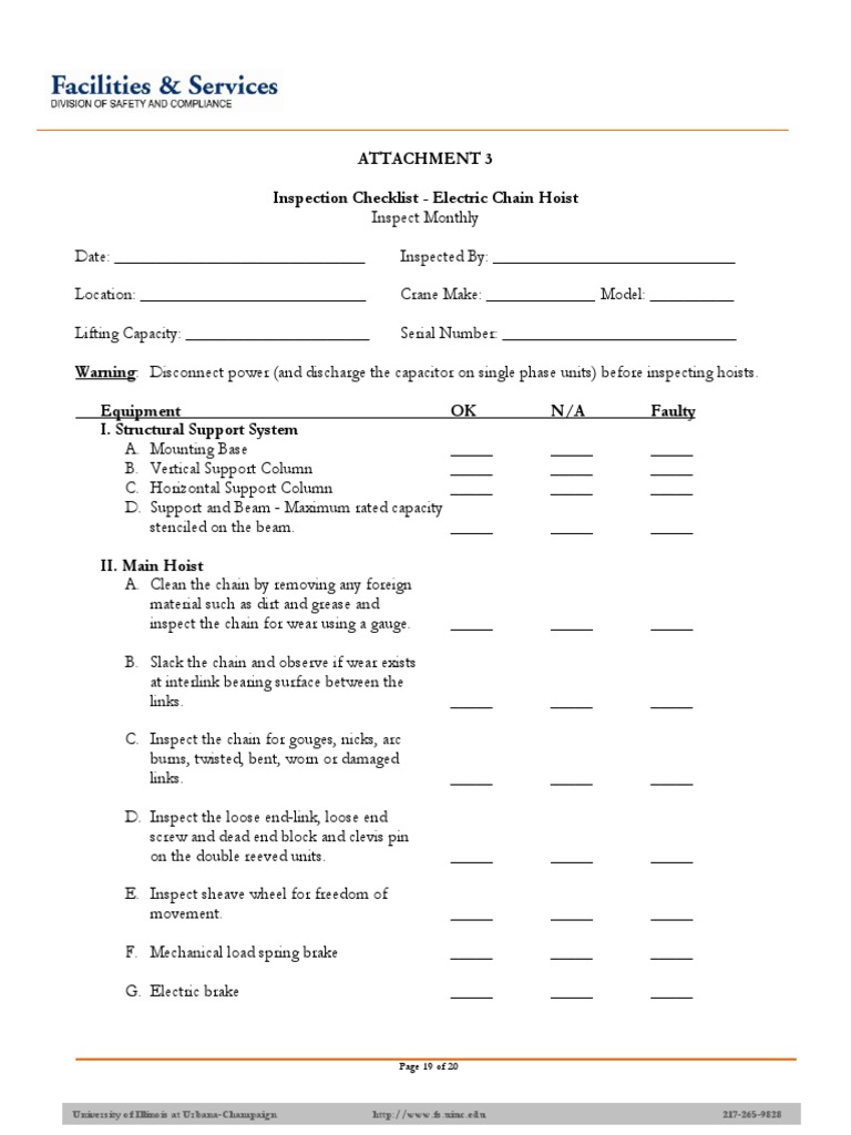 Inspection Checklist Electric Chain Hoist PDF | PDF | Electrical ...
