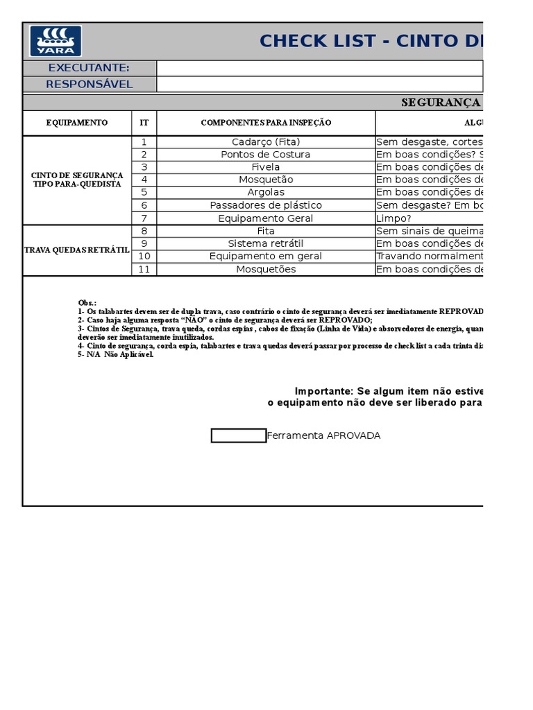 Check List - Cinto De Segurança: Executante: Responsável