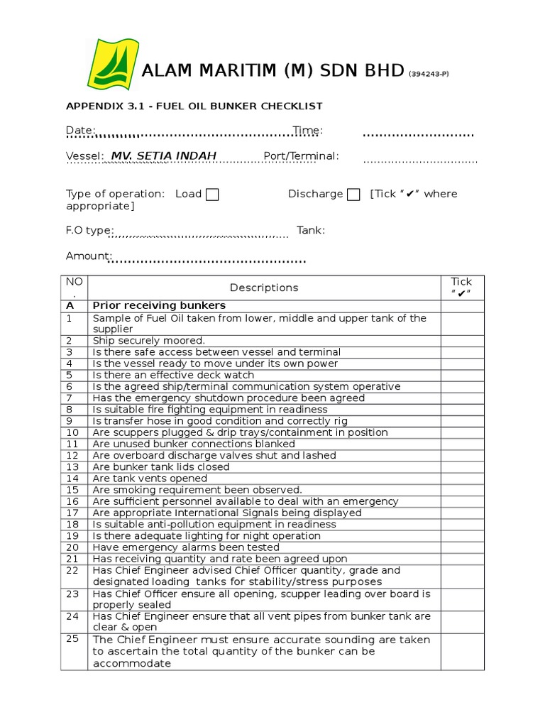 Alam Maritim (M) SDN BHD: Appendix 3.1 - Fuel Oil Bunker Checklist ...