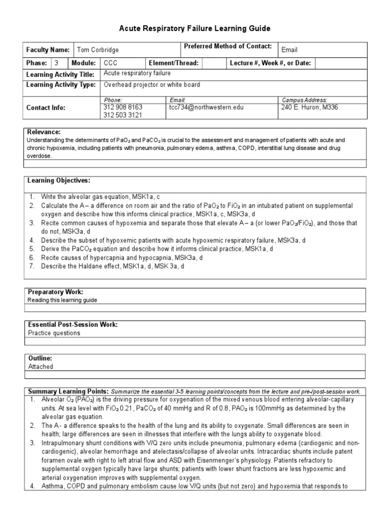 Acute Respiratory Failure Learning Guide: Phone: Email: Campus Address ...