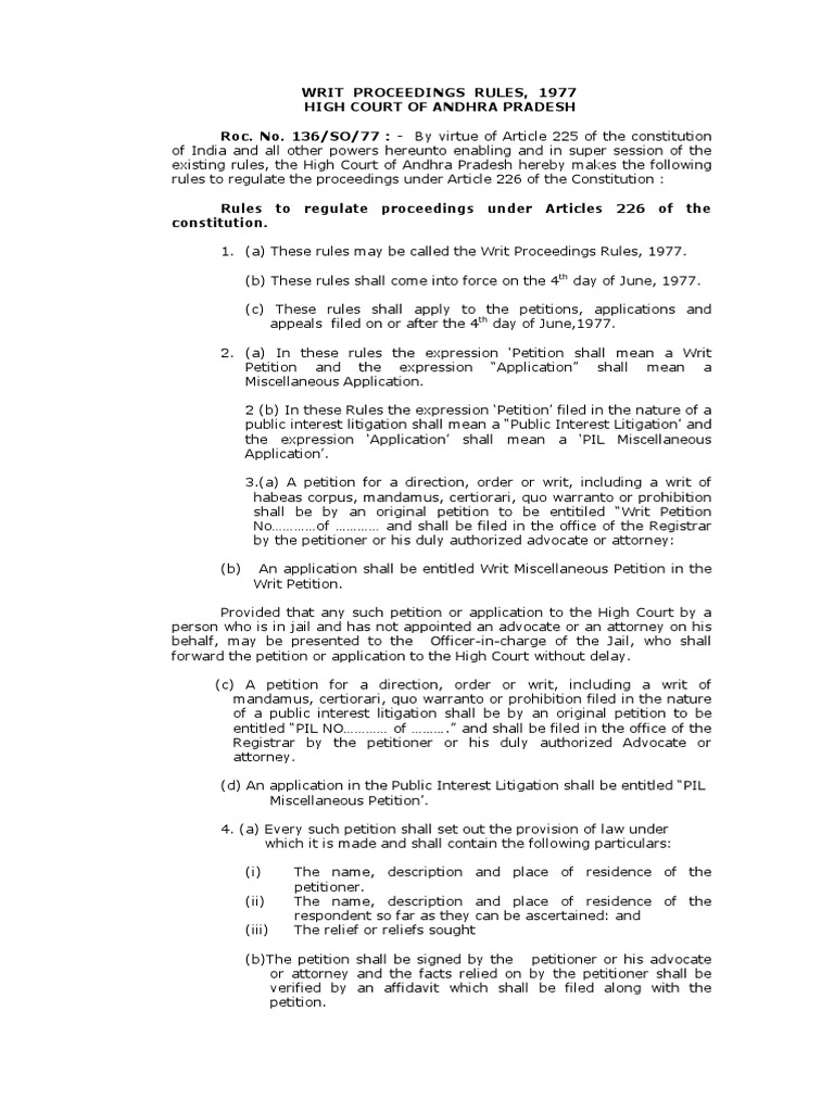 Writ Proceedings Rules, 1977 High Court of Andhra Pradesh Roc. No. 136 ...