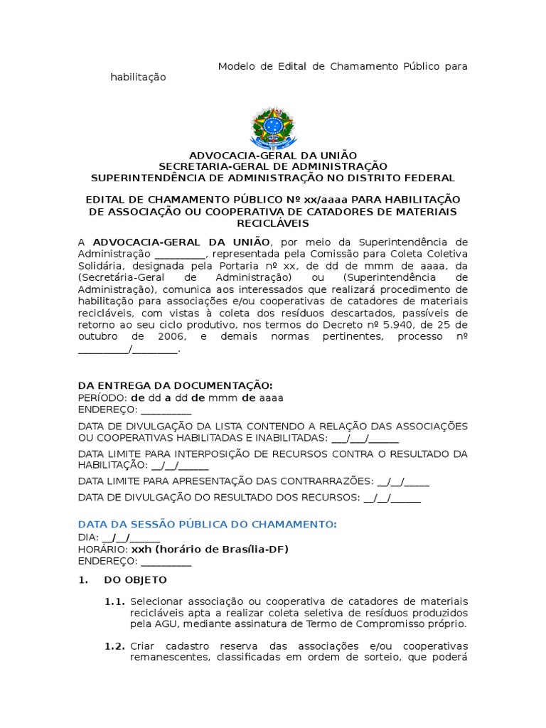 Veja Aqui- Modelo de Edital de Chamamento Publico Para Habilitacao ...