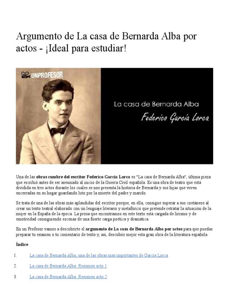 Argumento de La Casa de Bernarda Alba Por Actos | PDF | Federico García ...