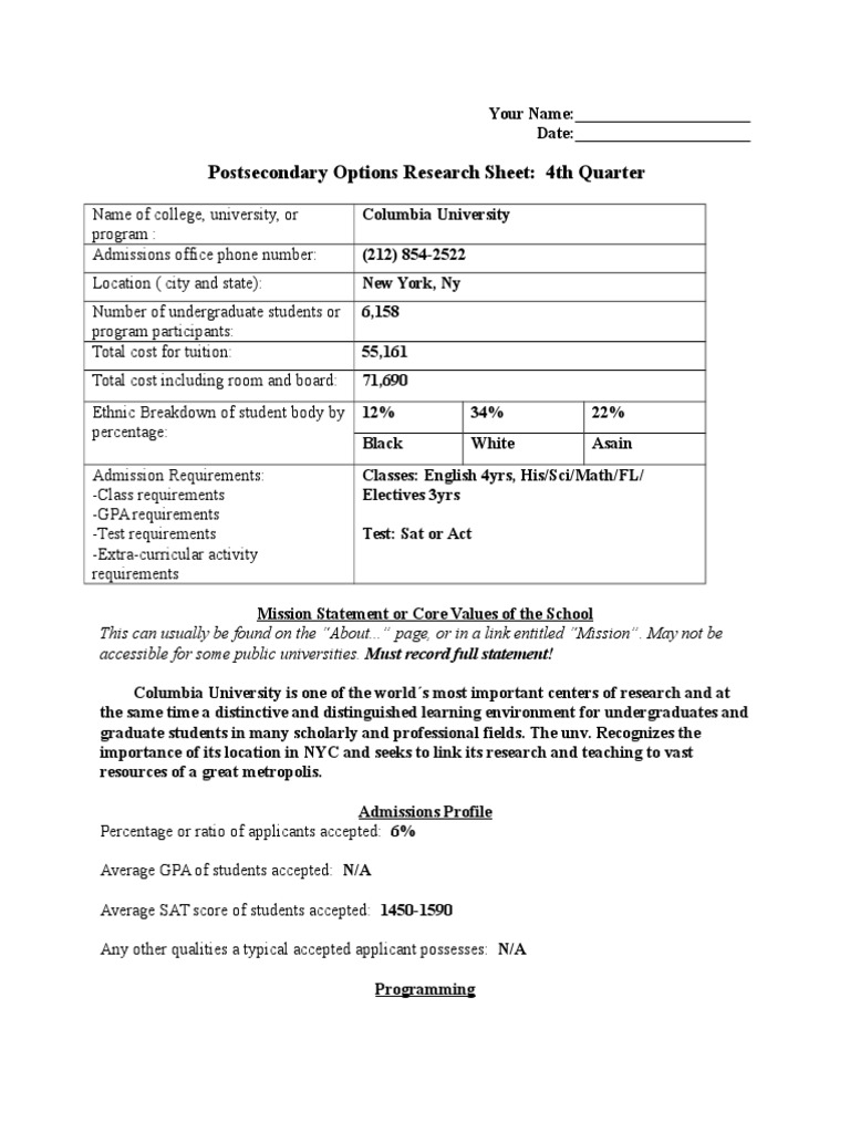 Postsecondary Options Research Sheet: 4th Quarter | PDF | University ...