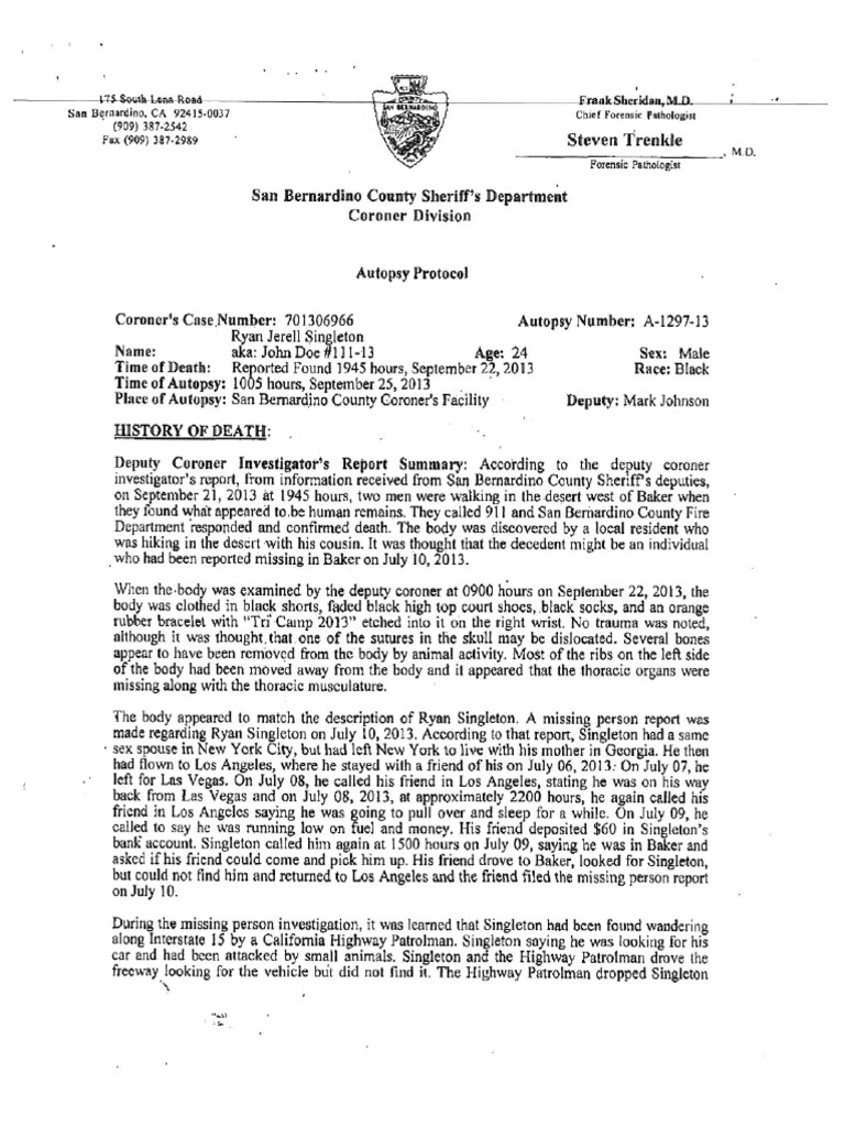 Ryan Singleton Autopsy Report | PDF