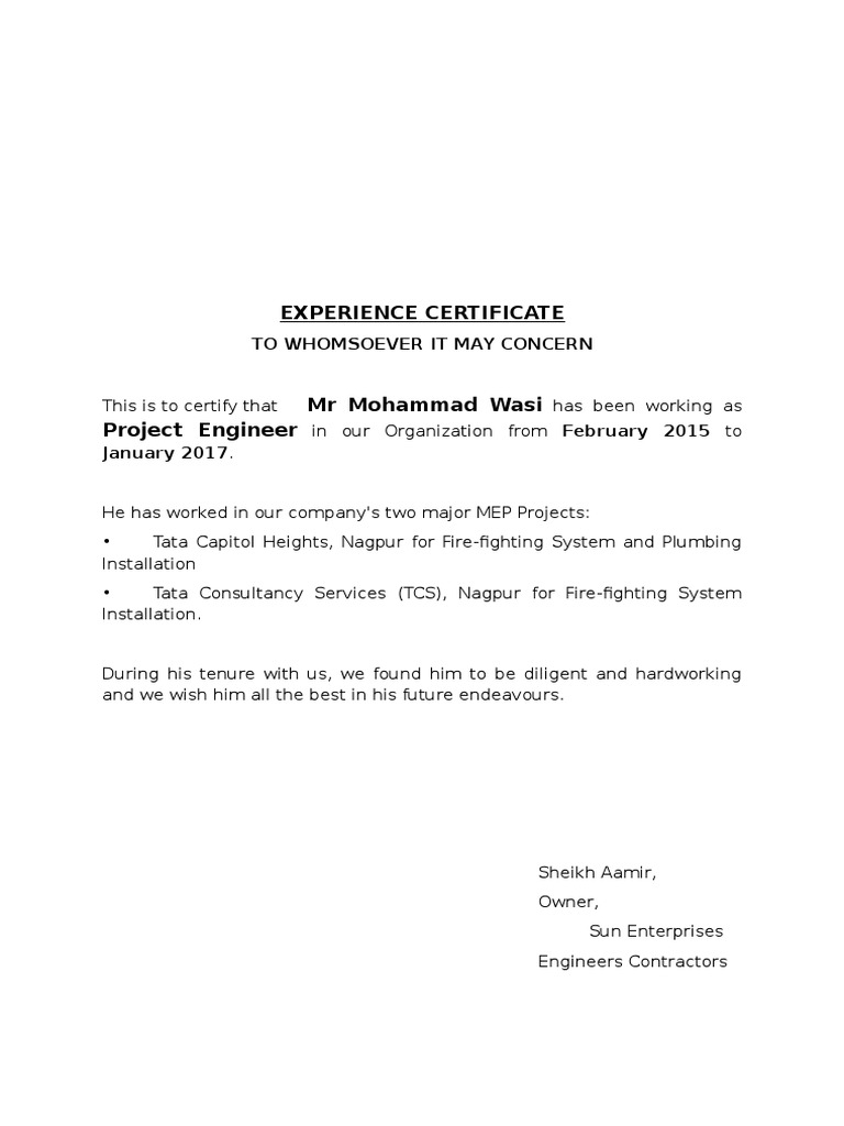 Experience certificate for MEP engineer projects | PDF