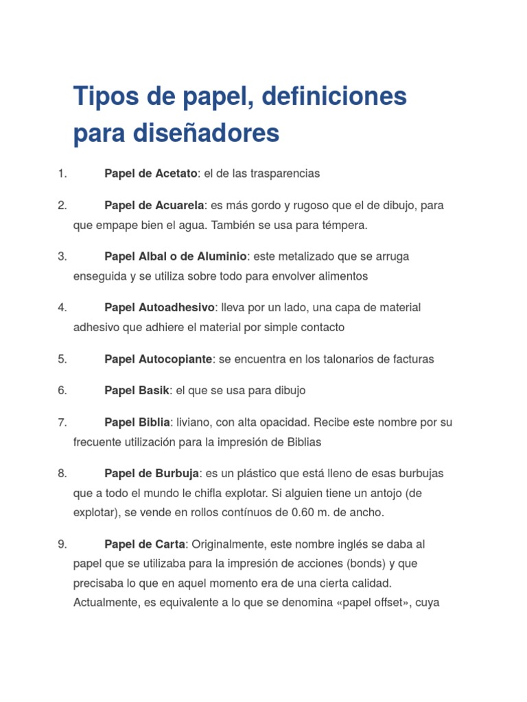 Tipos De Papel Pdf Papel Imprenta