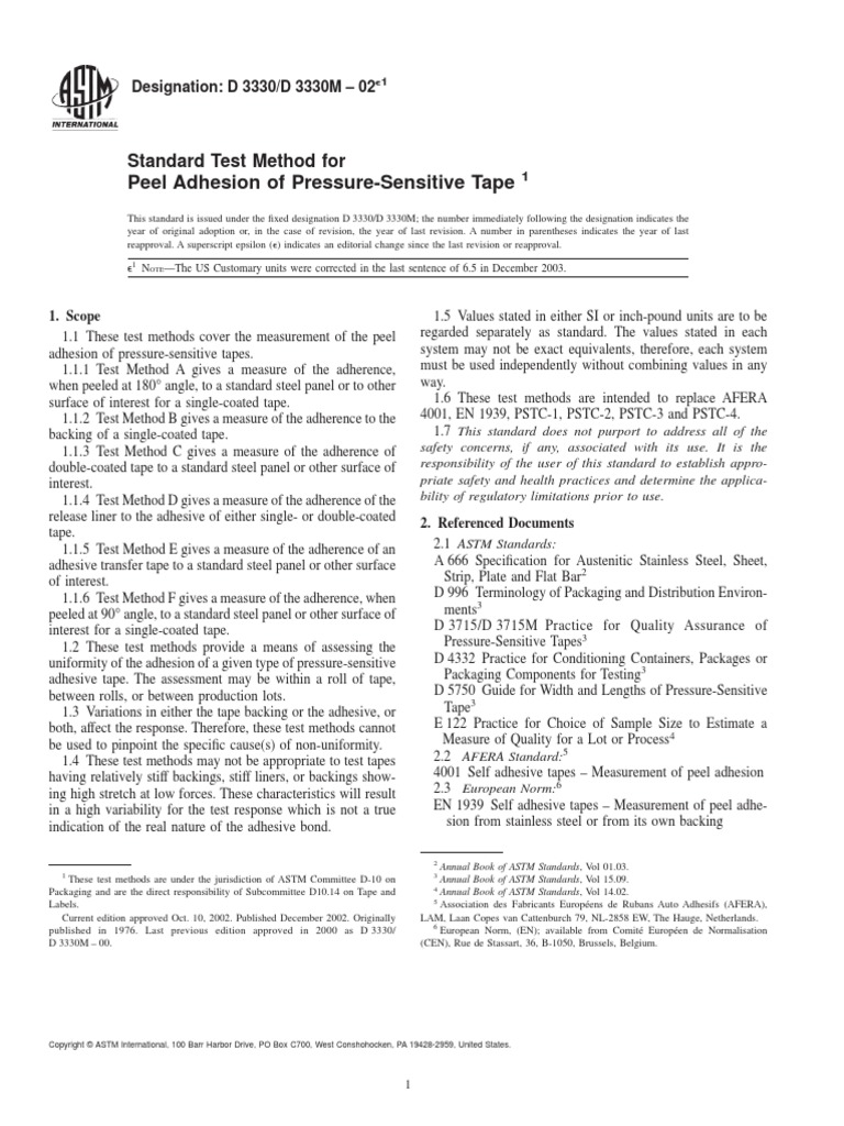 ASTM D 3330 (Standard Test Method For Peel Adhesion of Pressure | PDF ...