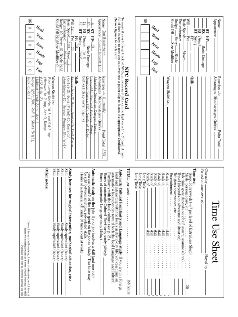 GURPS 4E - NPC Record Card and Time Use Sheet PDF | PDF | Leisure ...