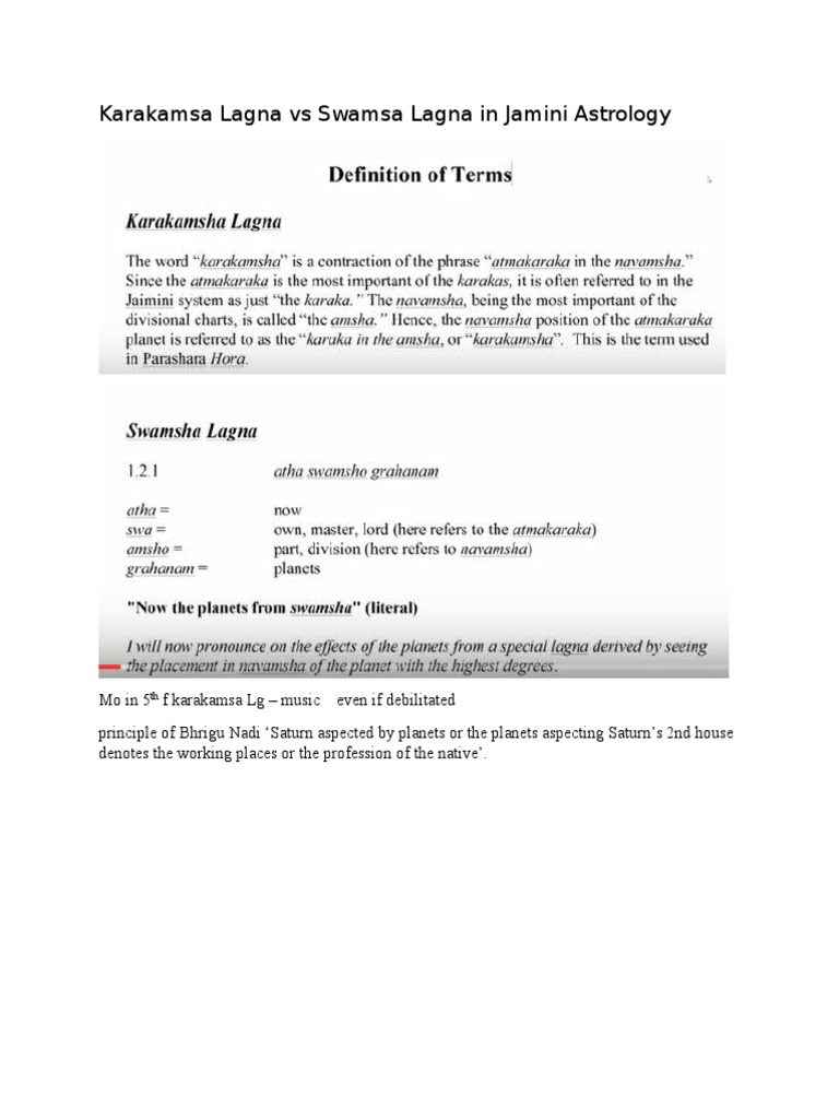 Karakamsa Lagna Vs Swamsa Lagna in Jamini Astrology | PDF