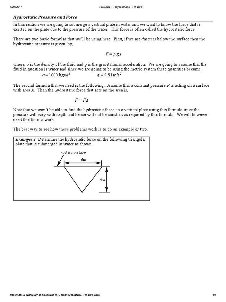 Calculus II - Hydrostatic Pressure | Pressure | Dynamics (Mechanics)