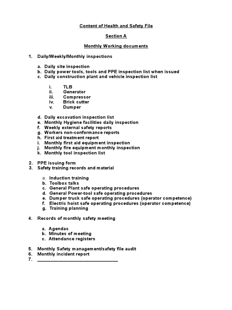 Health and Safety File Overview | PDF | Occupational Safety And Health ...