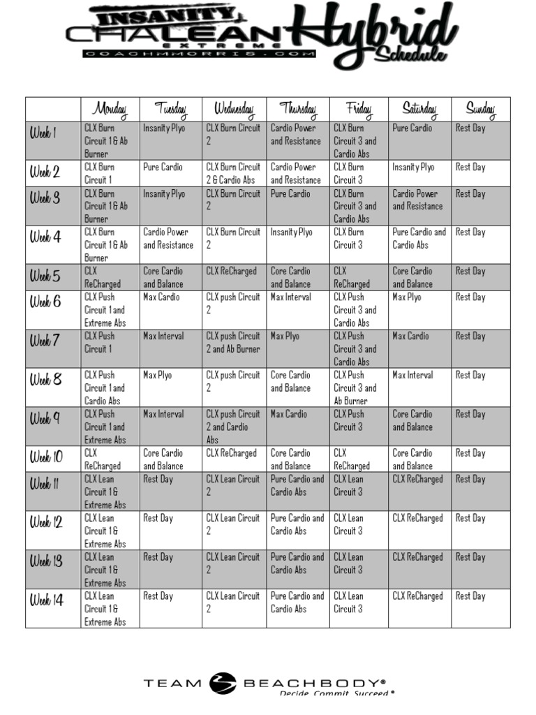 Insanity Chalean Extreme Hybrid Schedule PDF | PDF | Sports | Leisure