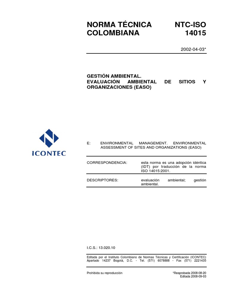 NTC ISO14015 2002 EvaluacionAmbientaldeSitios | PDF | Organización ...