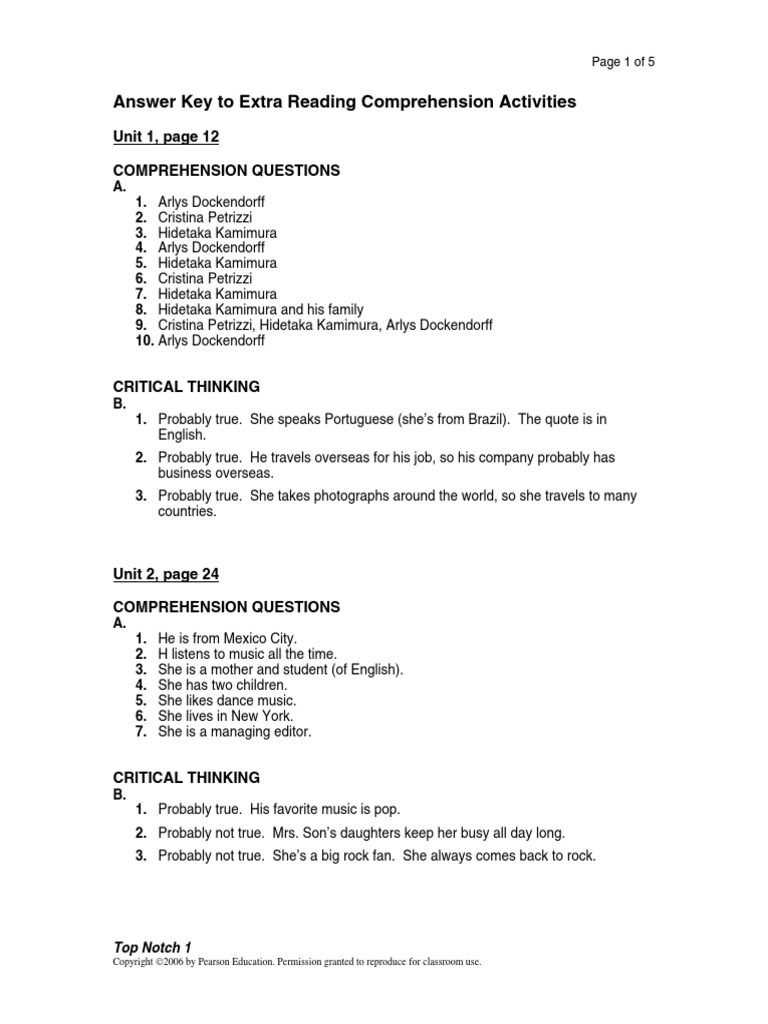 Answer Key To Extra Reading Comprehension Activities: Unit 1, Page 12 ...