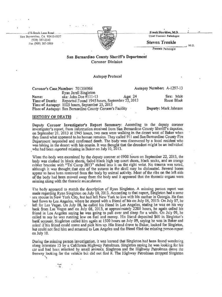 Ryan Singleton Autopsy Report | PDF