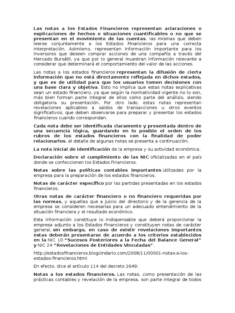 Notas Explicativas A Los Estados Financieros Pdf Estado Financiero