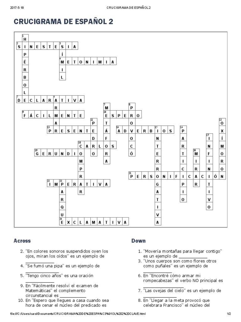 Crucigrama de Español 2 Clave | PDF | Estilo (ficción) | Sintaxis