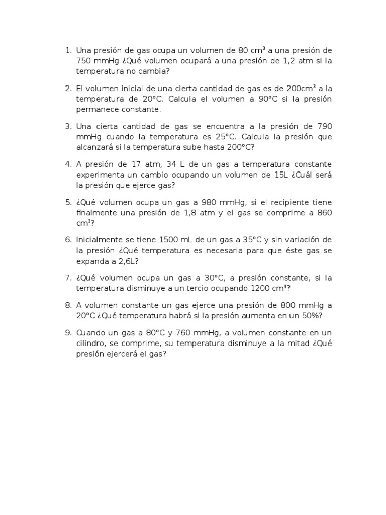 Ejercicios Leyes de Los Gases | PDF | Gases | Presión