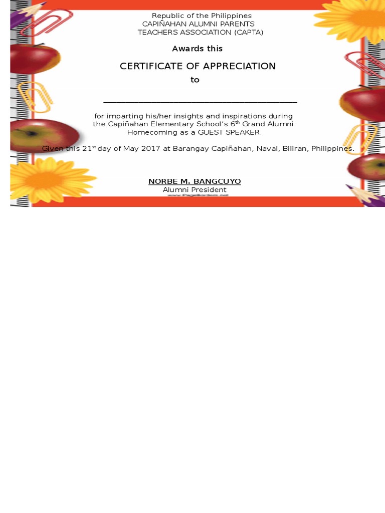 Certificate of Appreciation for Alumni Speaker | PDF