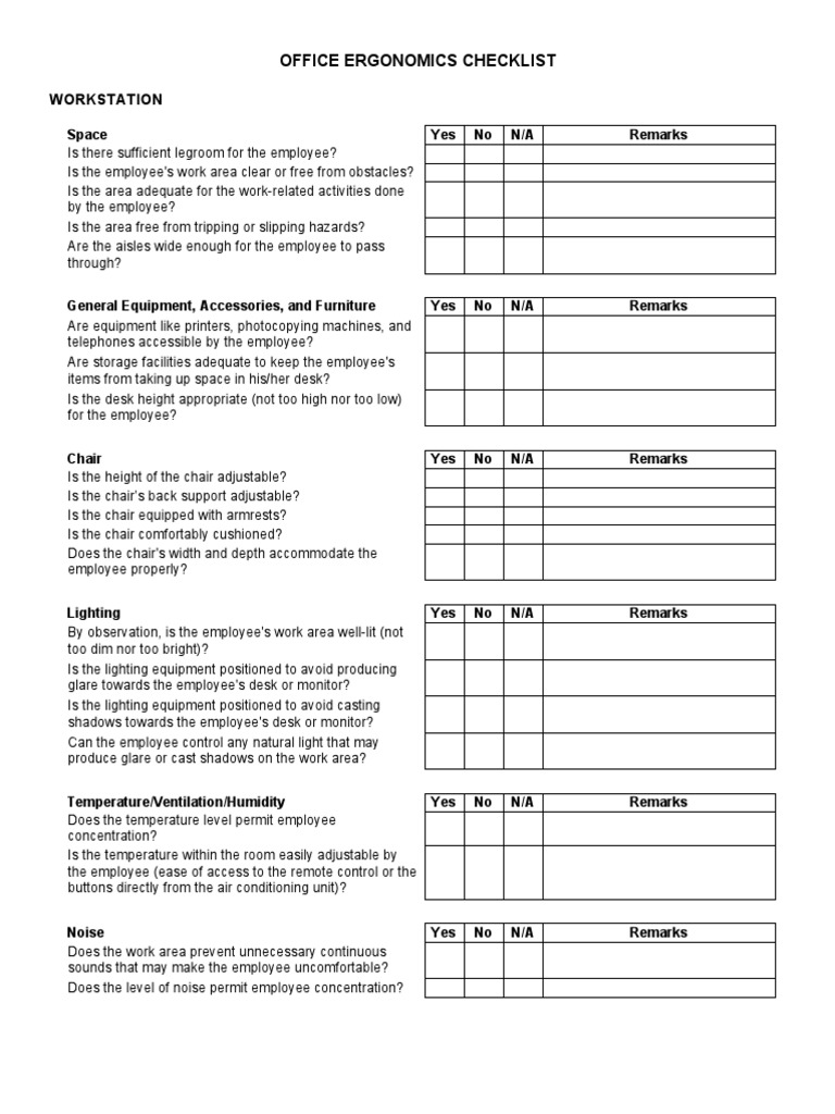 Ergo Checklist | PDF | Chair | Desk