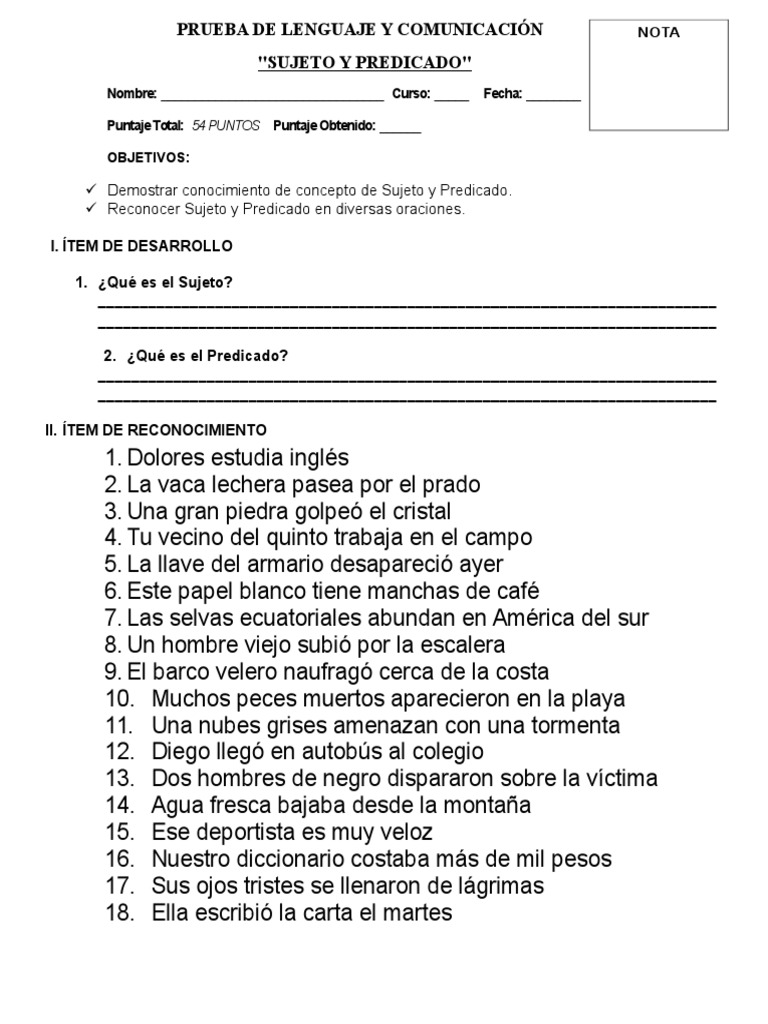 Prueba de Sujeto y Predicado | Ocio | Entretenimiento (general)