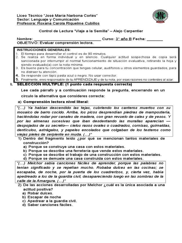 Control de Lectura: Viaje a la Semilla | PDF | Comprensión lectora ...
