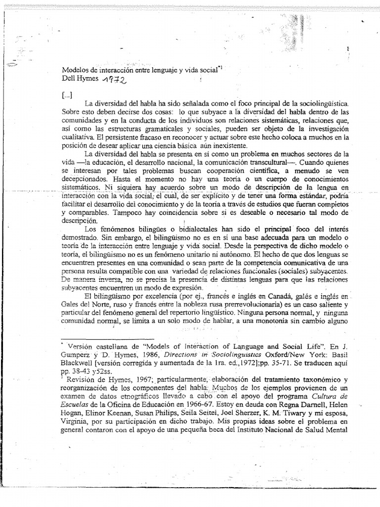Hymes Dell Modelos de Interacción Entre Lenguaje y Vida Social | PDF ...