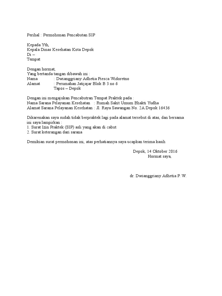 Contoh Surat Pencabutan Sip Dokter Beinyu Com - Riset