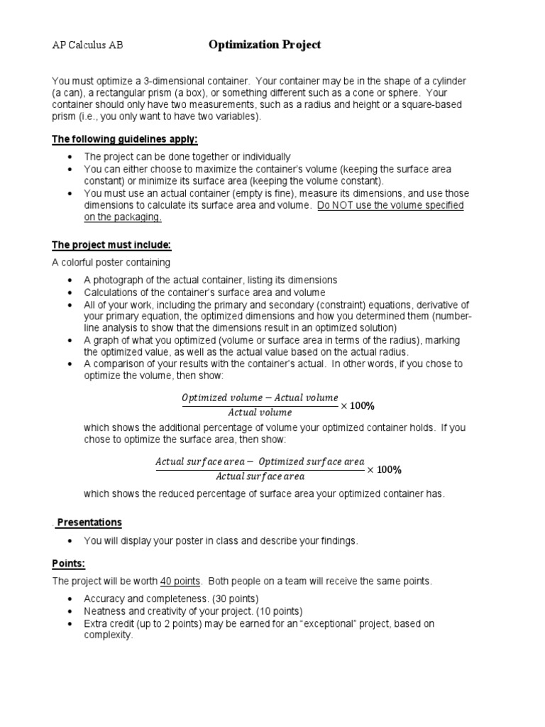 AP Calculus Optimization Project | PDF | Volume | Surface Area