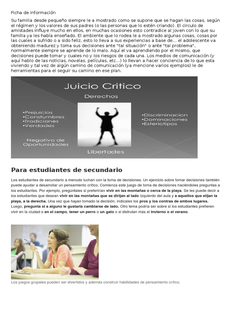 Ficha de Información Juicio Critico | PDF | Pensamiento crítico | Toma ...