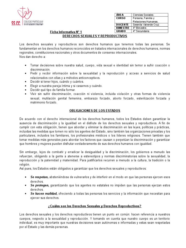 Ficha 1 Derechos Sexuales Y Reproductivos Pdf Discriminación La