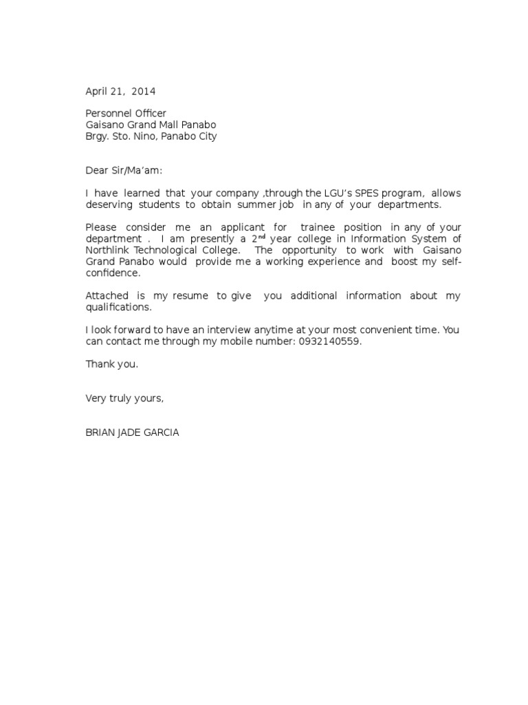 Application Letter - BJ Spes | PDF