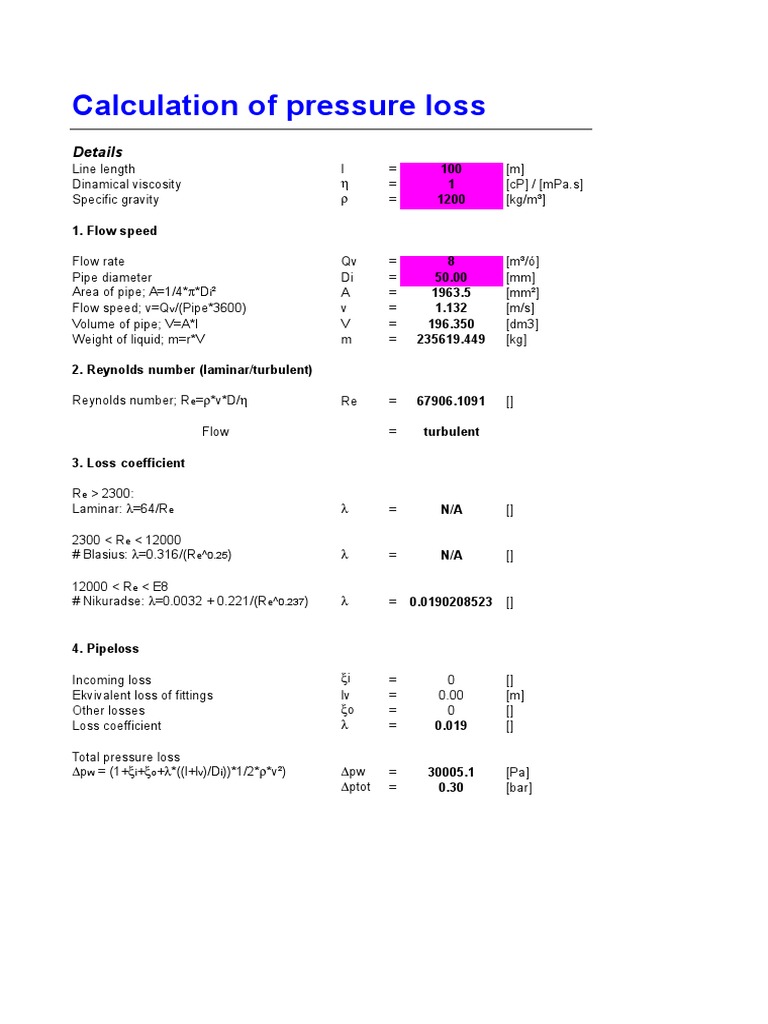 Calculation of Pressure Loss: Details | PDF