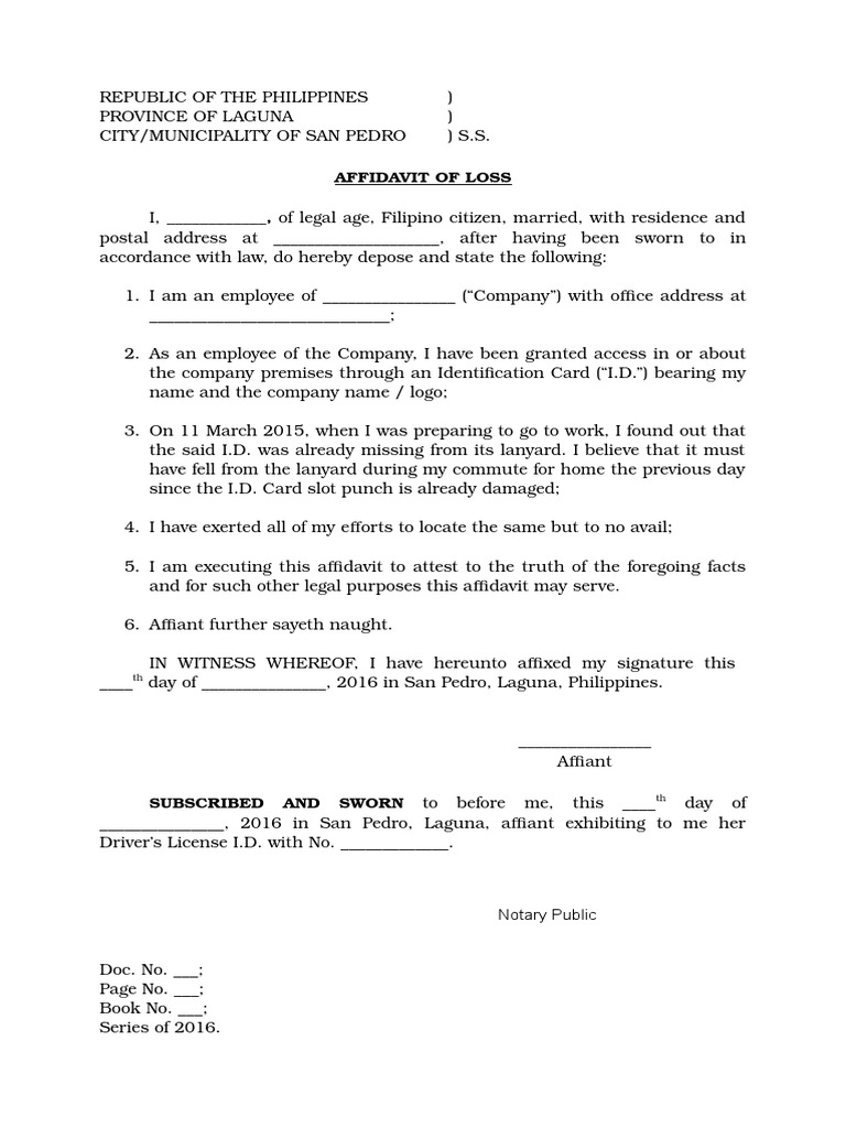 Affidavit of Loss: Lost Company Identification Card | PDF | Affidavit | Identity Document